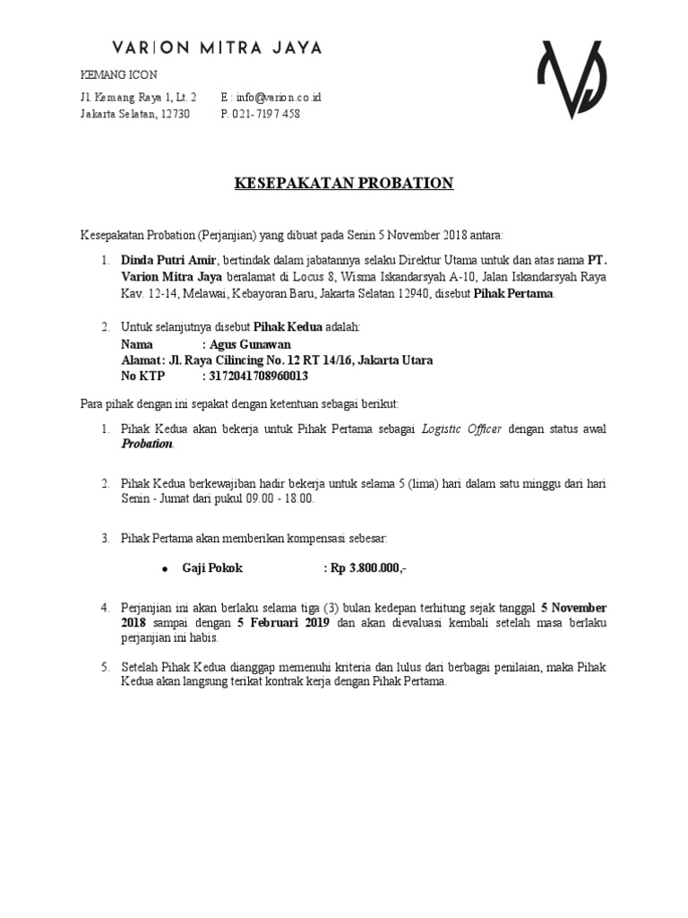 Surat Kesepakatan Probation (Agus Gunawan) | PDF