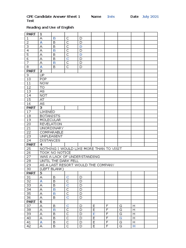 CPE Candidate Answer Sheet INÊS | PDF