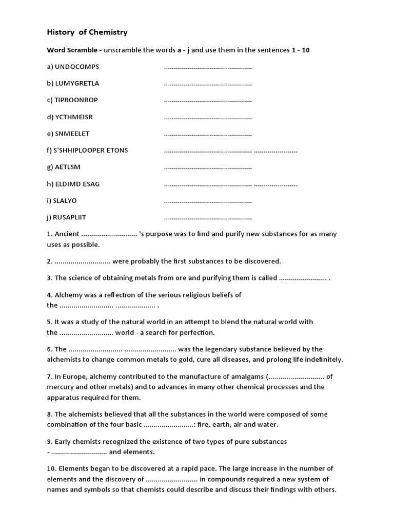 History of Chemistry: Word Scramble - Unscramble The Words A - J and ...