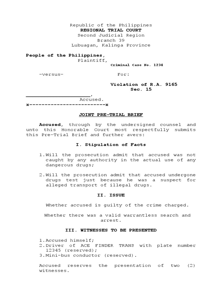 Pre-Trial Brief For Drugs Cases | PDF | Prosecutor | Arrest