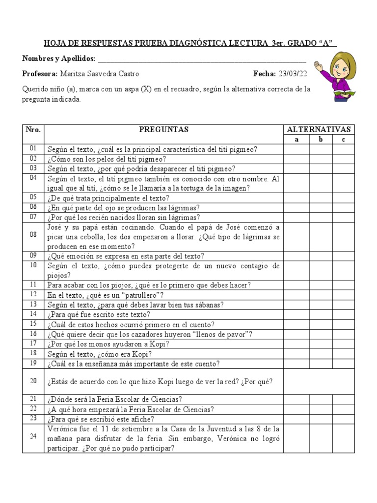 Prueba Diagnóstica de Lectura Tercer Grado A | PDF | Estudios de ...
