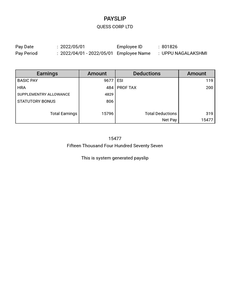 Earnings Amount Deductions Amount: Payslip | PDF