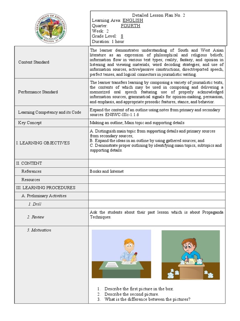 Detailed Lesson Plan No. 2 Learning Area: ENGLISH Quarter: Fourth Week ...