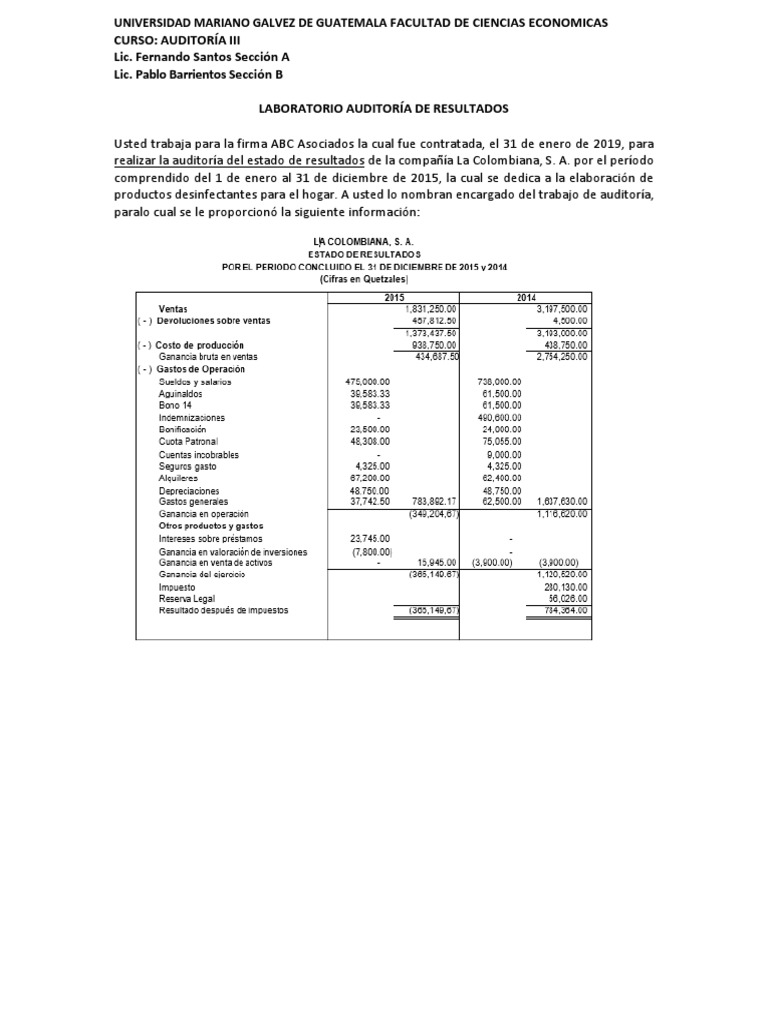 Laboratorio Auditoría de Resultados - La Colombiana - 02-2021 | PDF ...