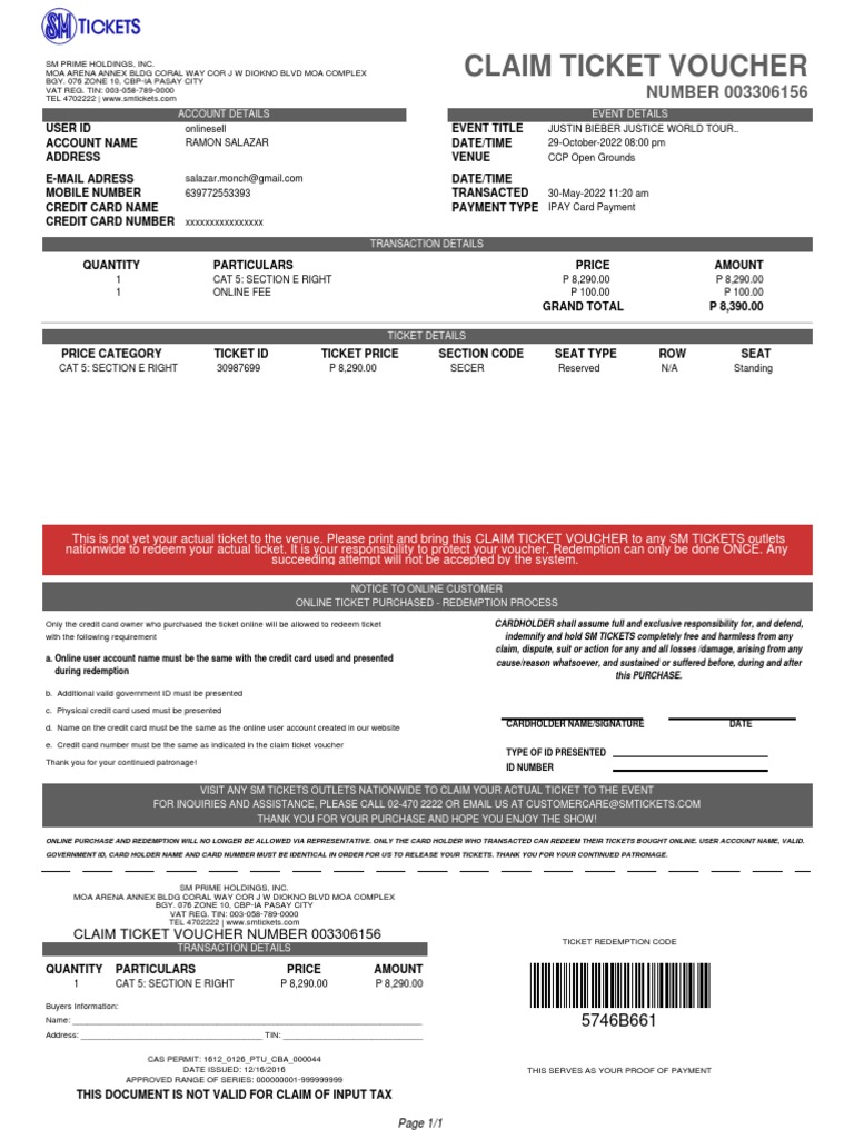 SM Tickets Claim Voucher Instructions | PDF | Credit Card | Voucher