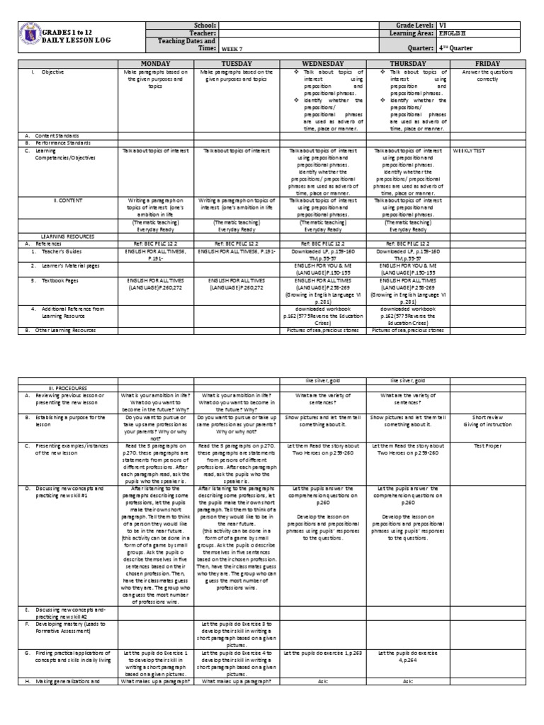 Grade 6 DLL ENGLISH 6 Q4 Week 7 | PDF | Preposition And Postposition ...