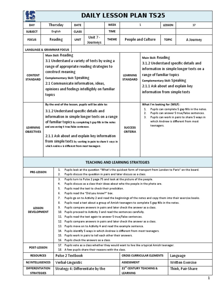 Daily Lesson Plan Ts25: Teaching and Learning Strategies | PDF | Lesson ...