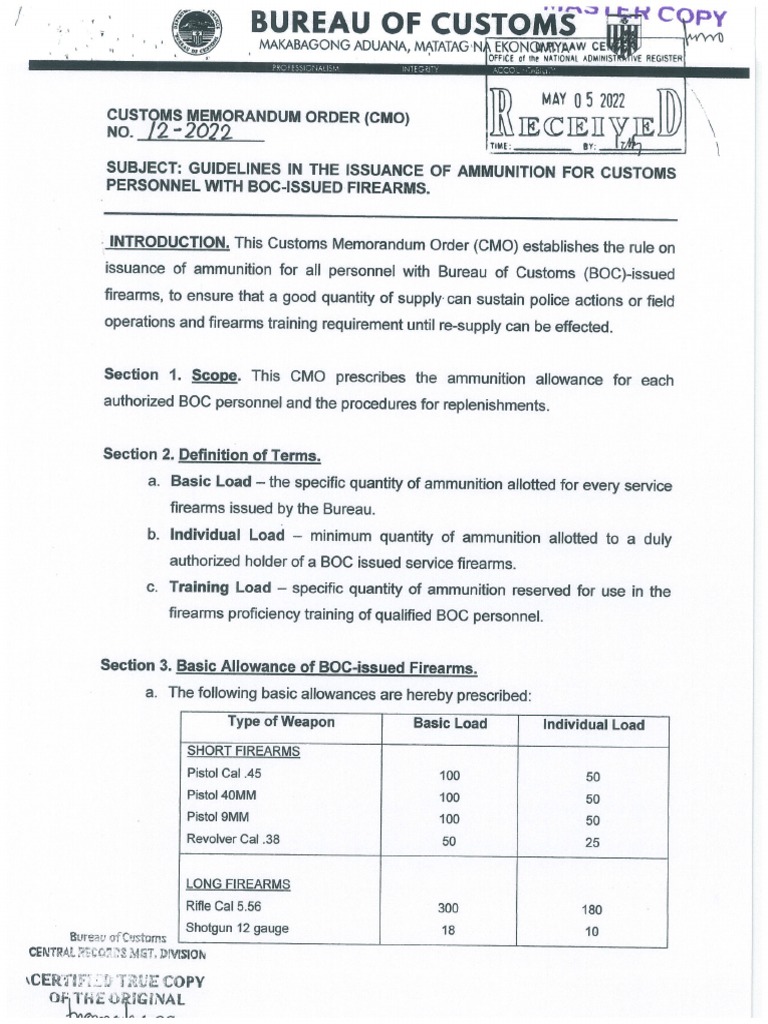 Cmo 12 2022 Guidelines in The Issuance of Ammunition For Customs ...