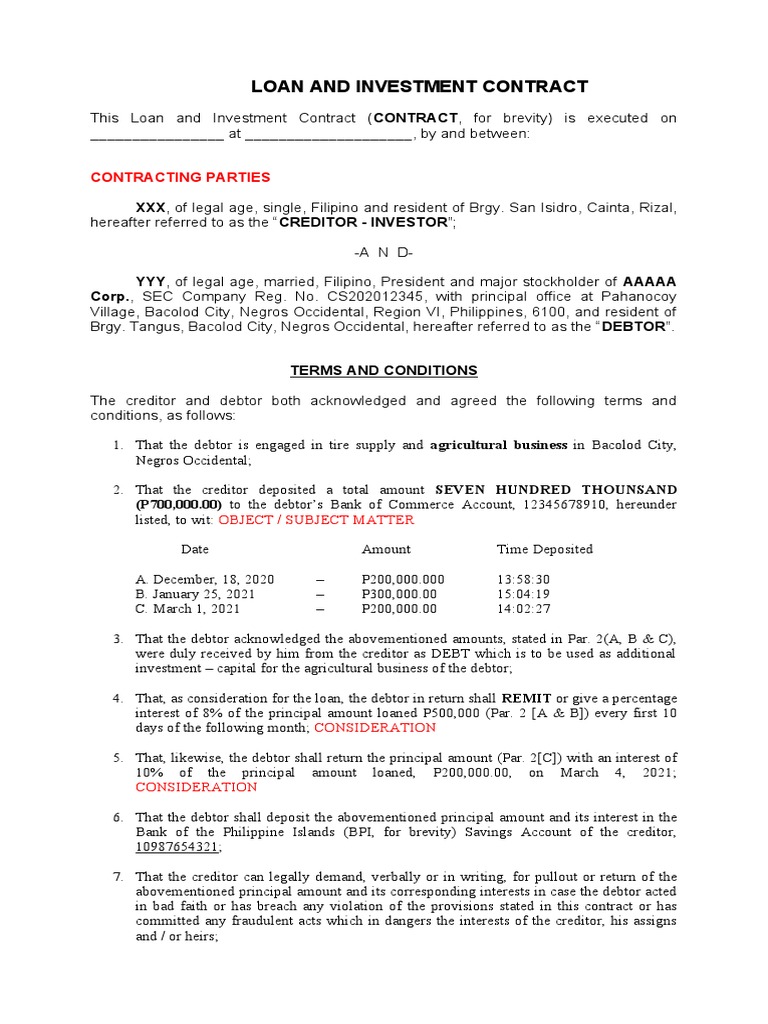 Sample of Loan Agreement - Contract | PDF | Creditor | Debtor