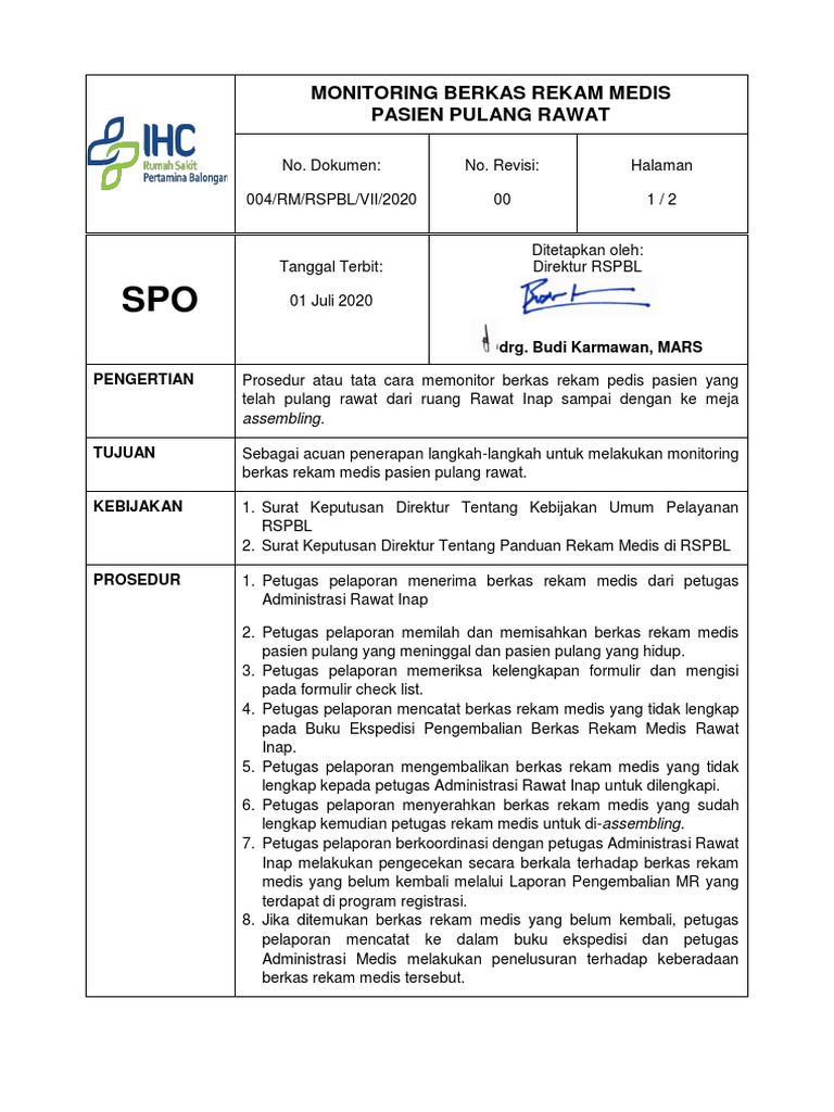 004 Spo Monitoring Berkas Rekam Medis Pasien Pulang Rawat | PDF