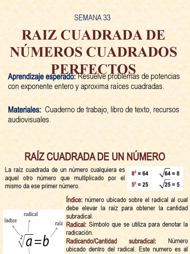 RAIZ CUADRADA DE NÚMEROS CUADRADOS PERFECTOS | PDF | Raíz cuadrada ...