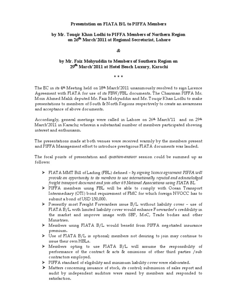 Presentation To PIFFA Members On FIATA BL | PDF