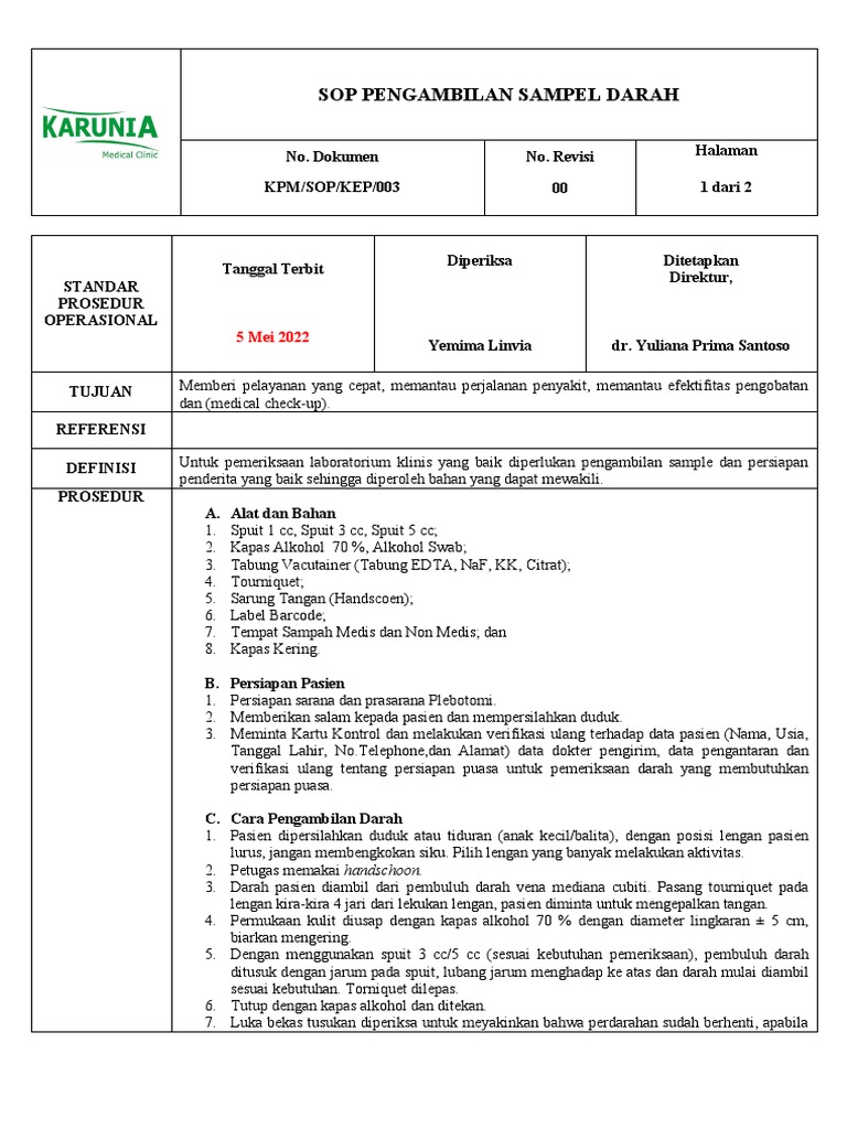 SOP Pengambilan Sampel Darah Klinik | PDF