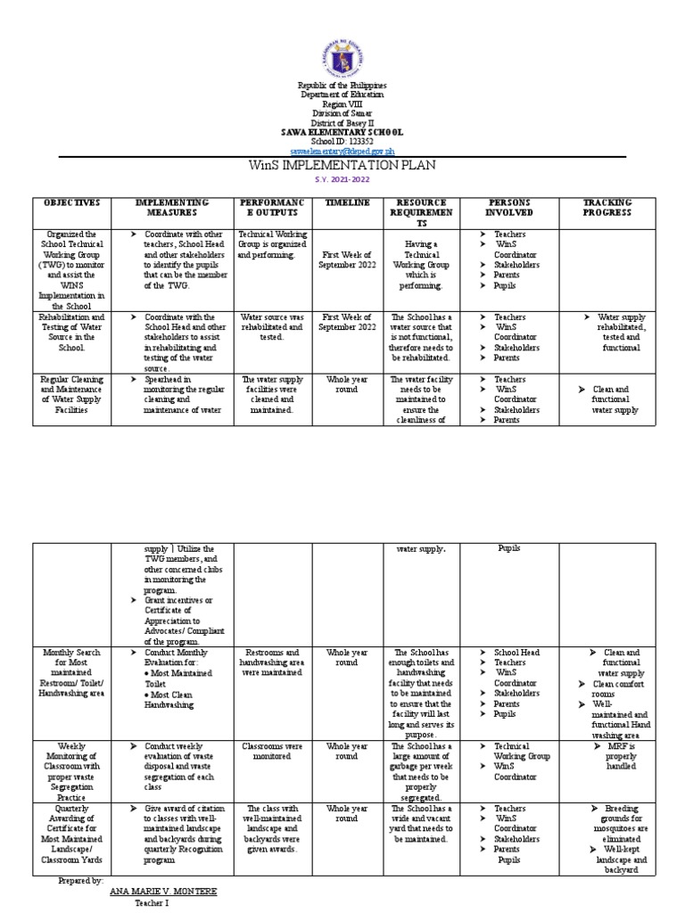 Wins Implementation Plan | PDF | Hand Washing | Public Toilet