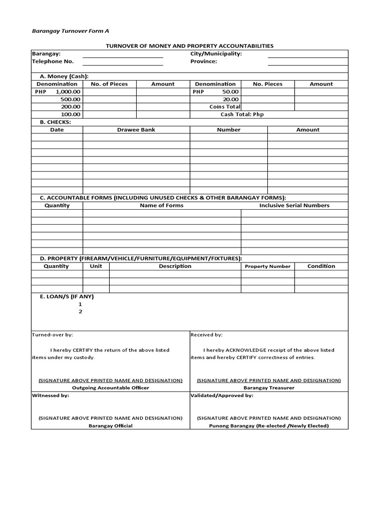 Barangay Turnover Form Template | PDF | Money | Financial Services
