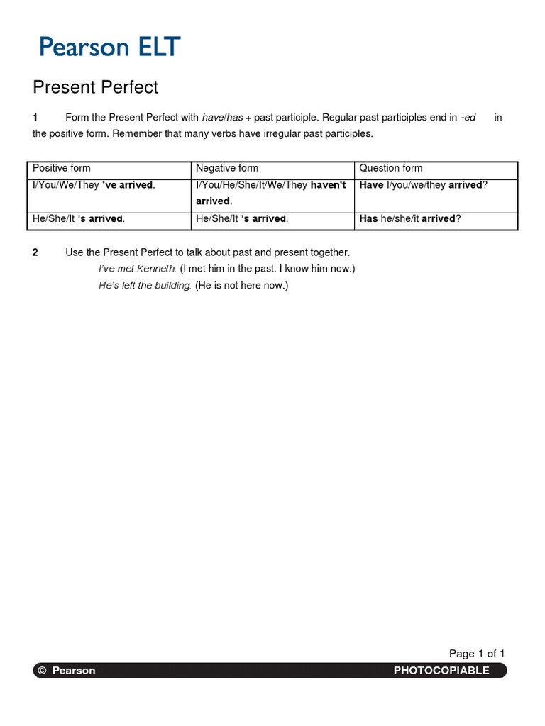 Present Perfect Pre-Intermediate Grammar Reference | PDF