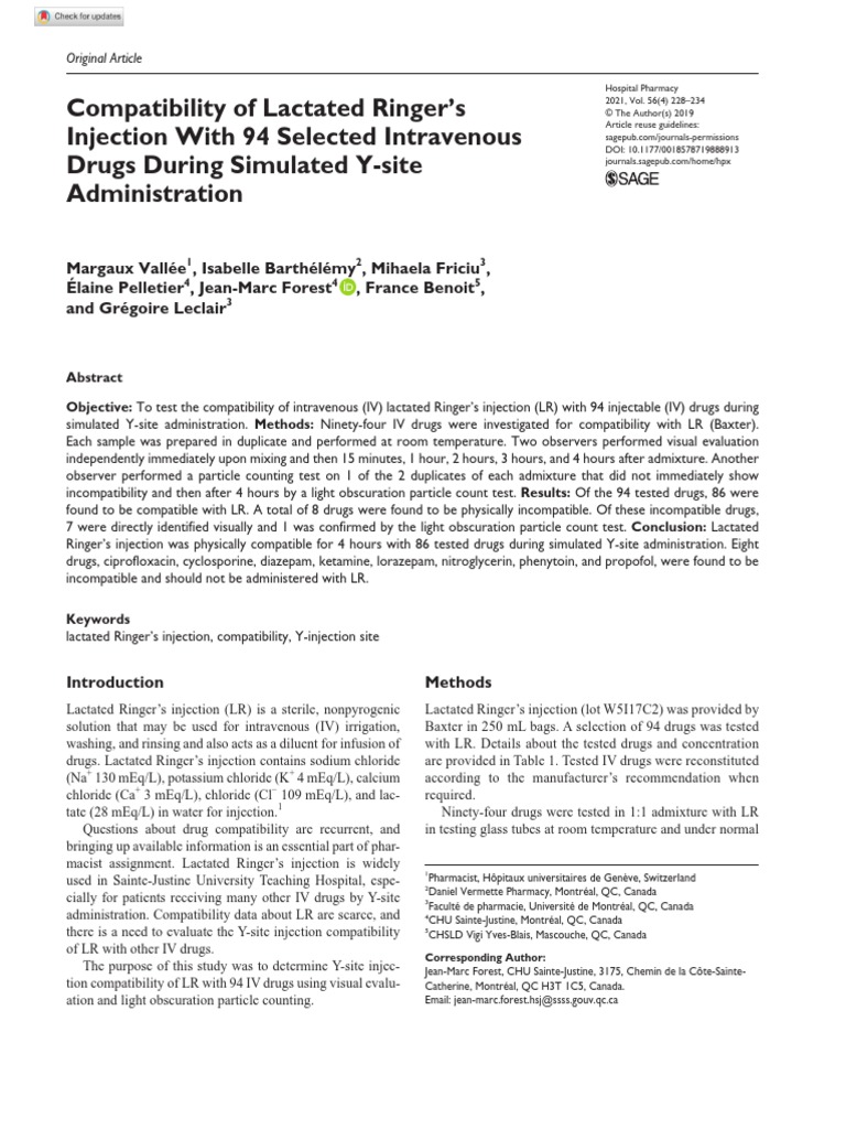Compatibility of Lactated Ringer's Injection With 94 Selected ...