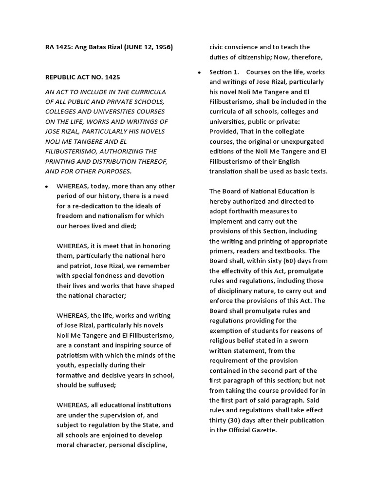 RA 1425: Ang Batas Rizal (JUNE 12, 1956) | PDF | Philippines
