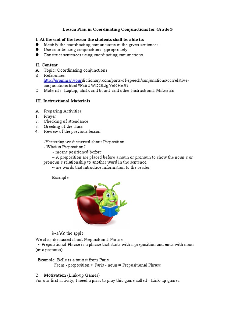 Lesson Plan in Coordinating Conjunctions For Grade 3 I. at The End of ...