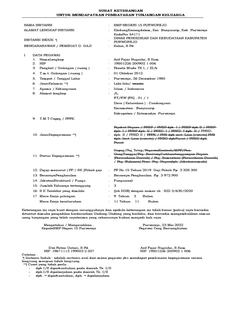Surat Keterangan Tunjangan Keluarga PNS | PDF