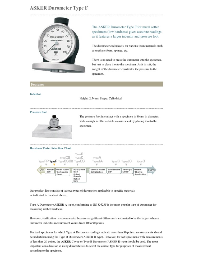 ASKER Durometer Type F: Features | PDF | Hardness | Foam