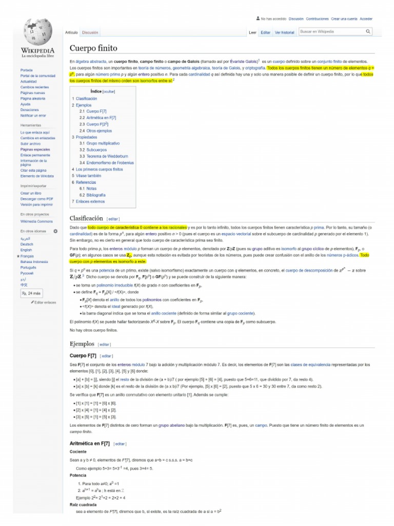 ESTR ALG I Cuerpo Finito (Wikipedia) | PDF | Campo (Matemáticas ...