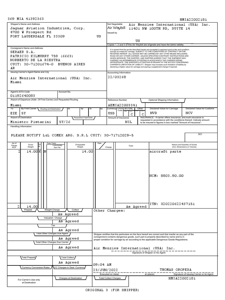 L00606 Draft Awb Hmia22002181 | PDF | Common Carrier | Cargo