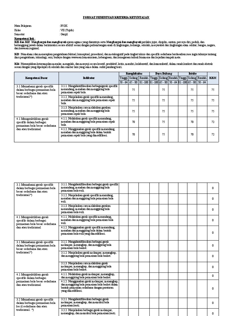 New Format KKM Pjok Kls 7 k13 | PDF