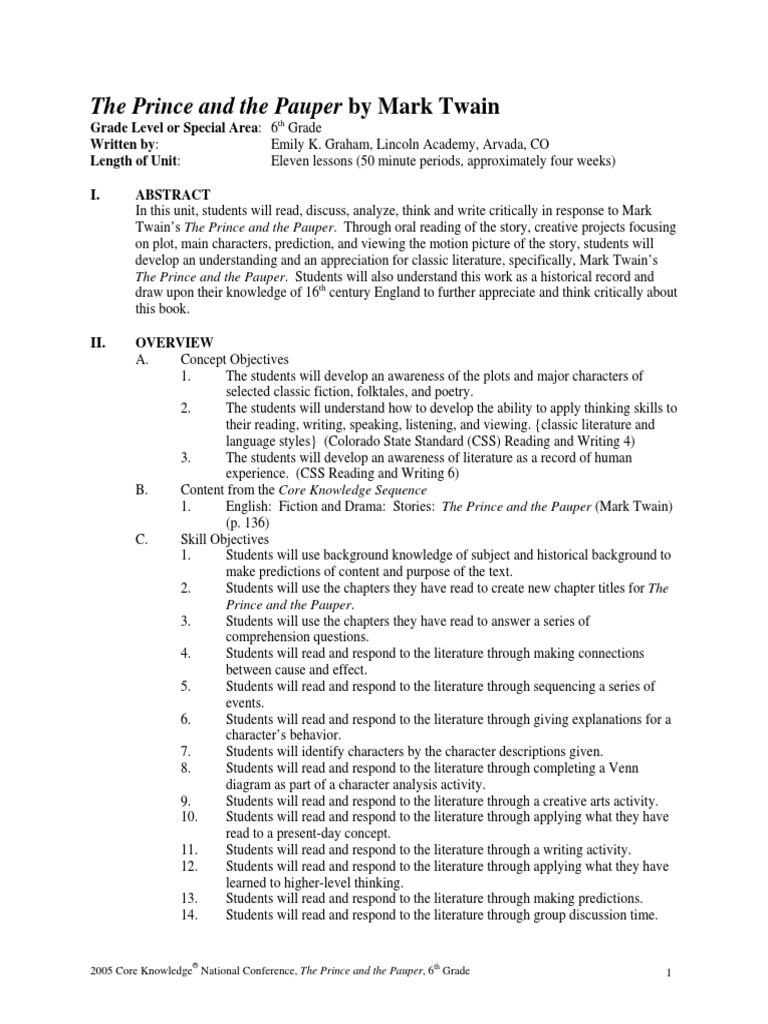 The Prince and The Pauper by Mark Twain: Grade Level or Special Area: 6 ...