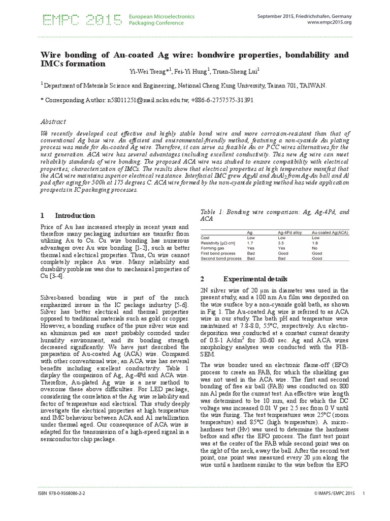 EMPC2015 - Wire Bonding of Au-Coated Ag Wire Bondwire Properties ...