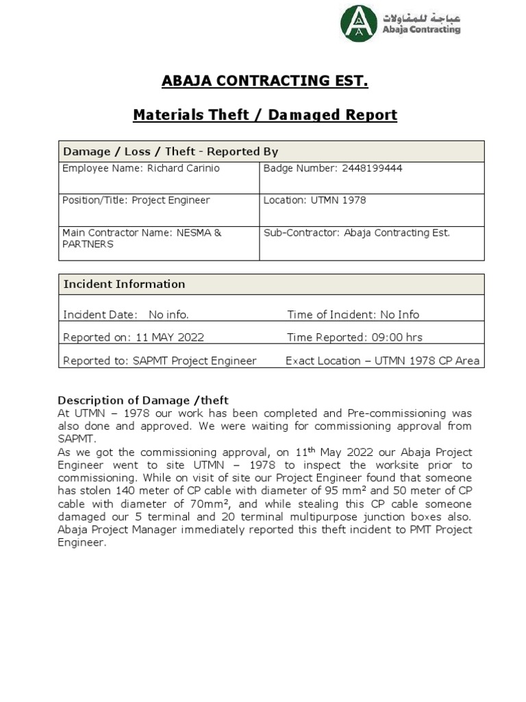 Abaja Contracting Est. Materials Theft / Damaged Report: Damage / Loss ...