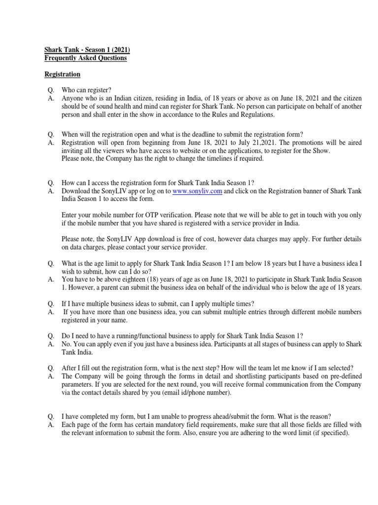 Shark Tank - Season 1 (2021) Frequently Asked Questions Registration ... Shark Tank - Season 1 (2021) Frequently Asked Questions Registration ...