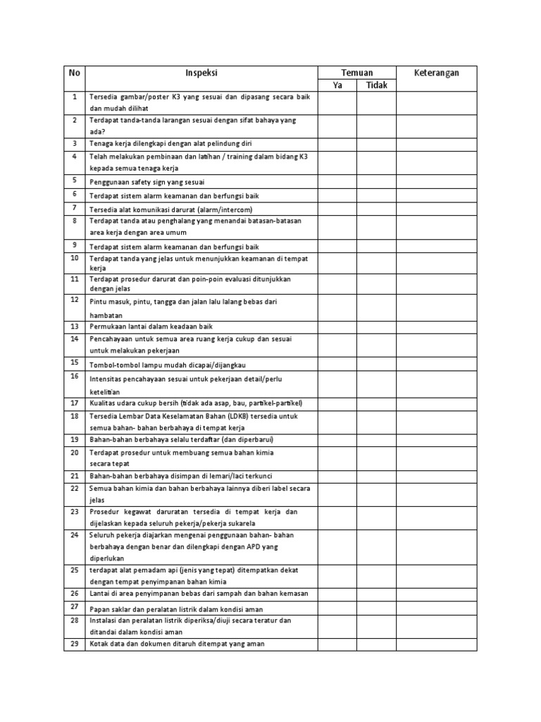 Draft Checklist Inspeksi K3 | PDF