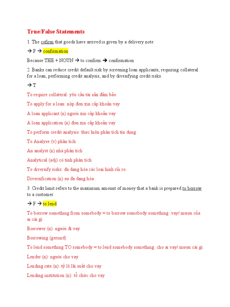True/False Banking Statements | PDF | Loans | Finance & Money Management