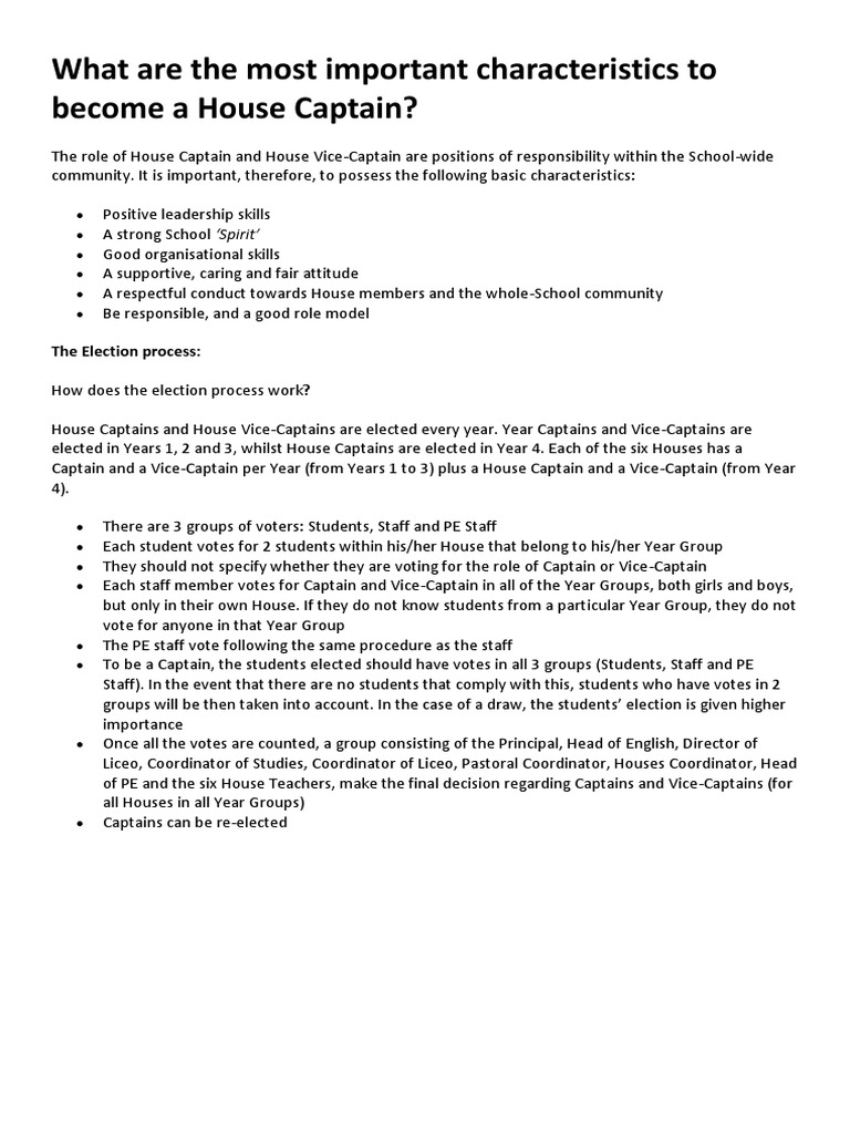 House Captain and Vice-Captain Roles | PDF | Cognition | Psychology