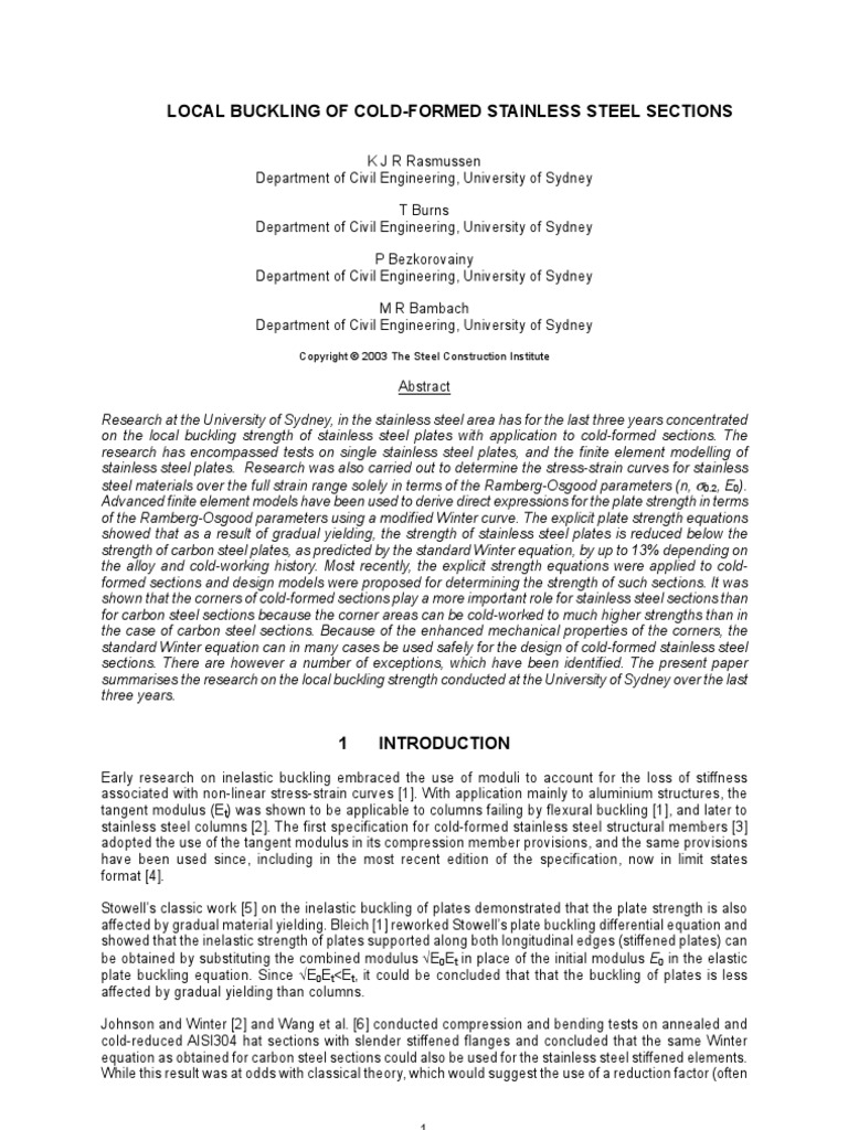 Local Buckling of Cold Formed Stainless Steel Sections | PDF | Buckling ...