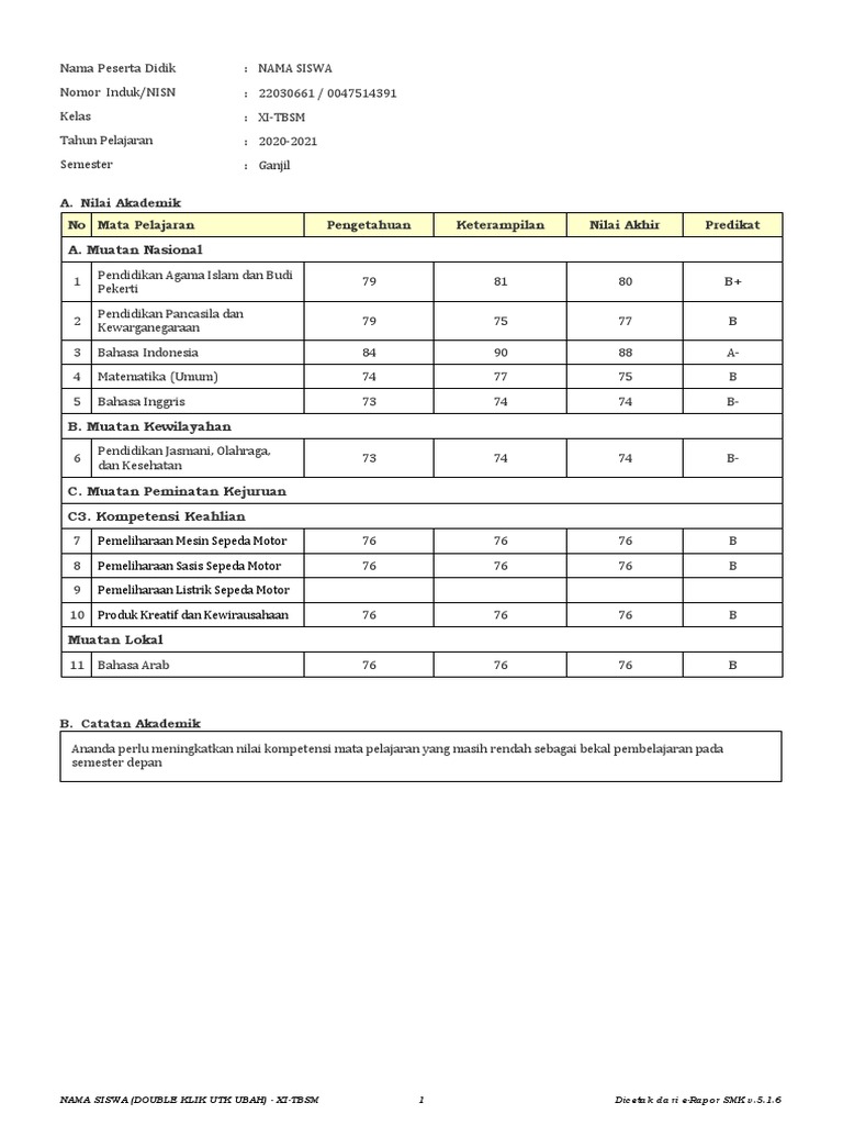 Format Erapor XI-TBSM Ganjil Ok | PDF
