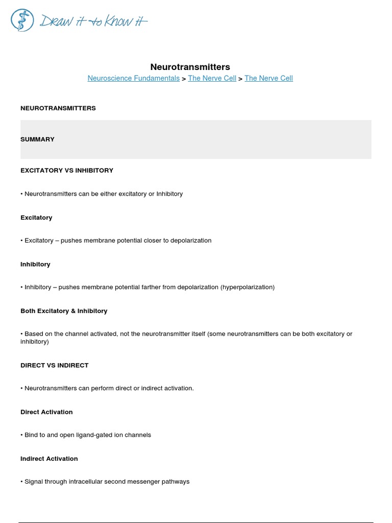 Neurotransmitters Notes | PDF | Neurotransmitter | Chemical Synapse