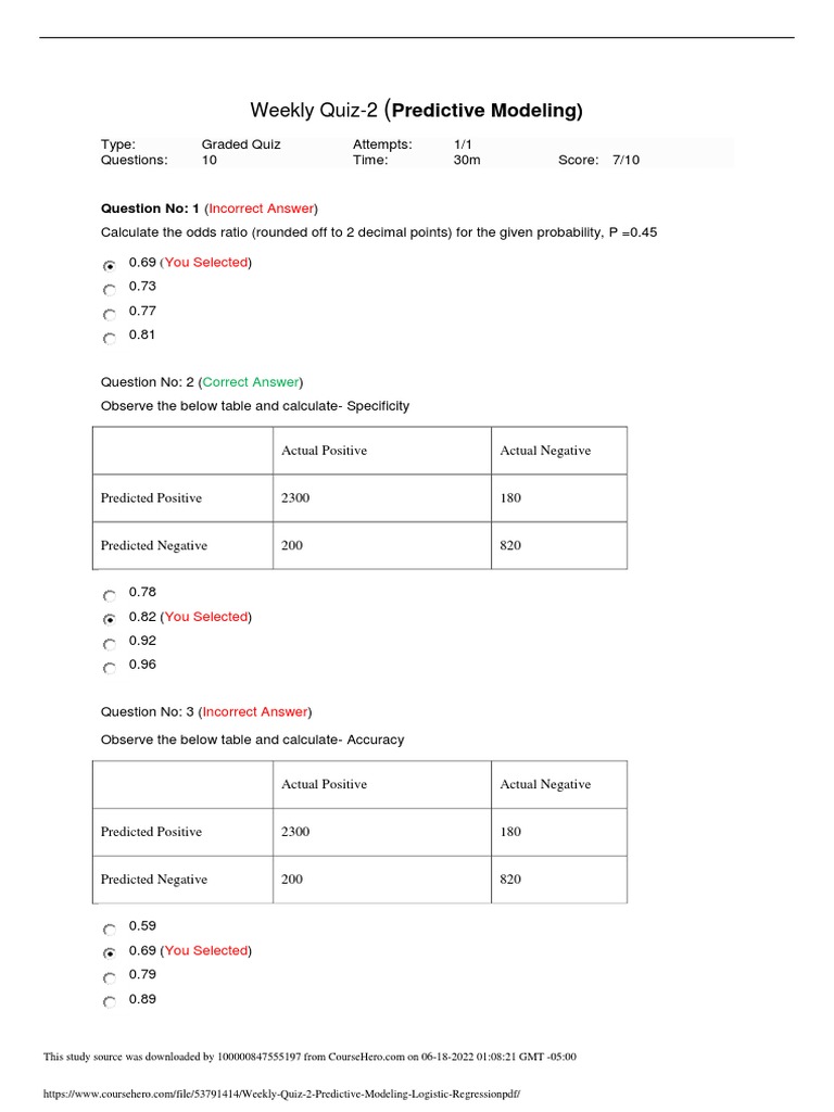 Weekly Quiz 2 Predictive Modeling Logistic Regression PDF | PDF | Logistic Regression | Linear ...
