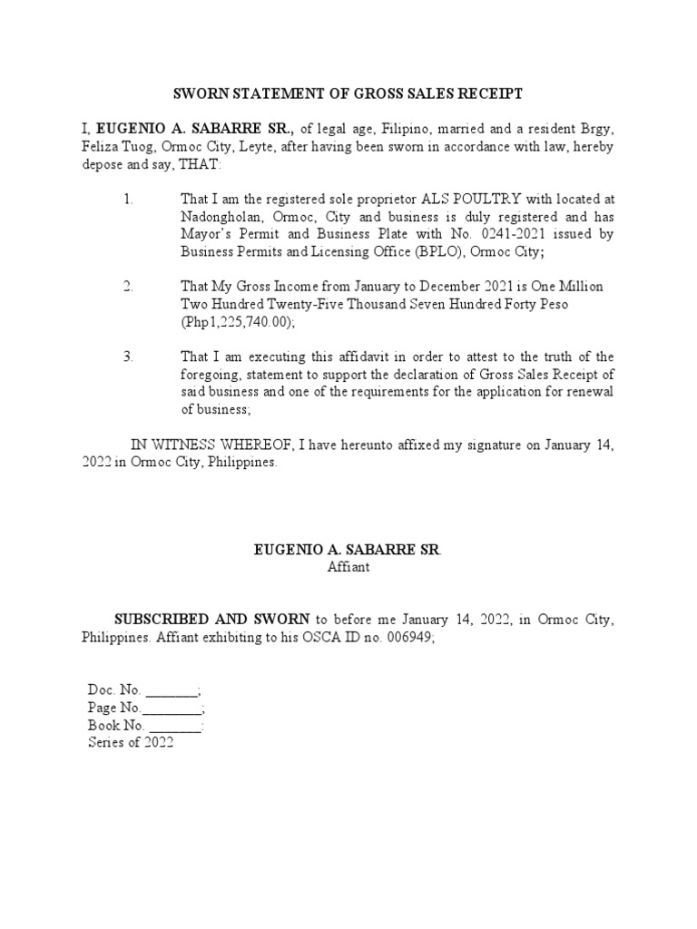 Sworn Statement of Gross Sales Receipt | PDF