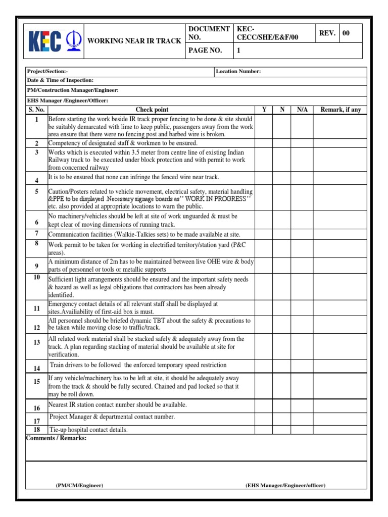 Work Near IR Track Checklist | Download Free PDF | Transport | Safety