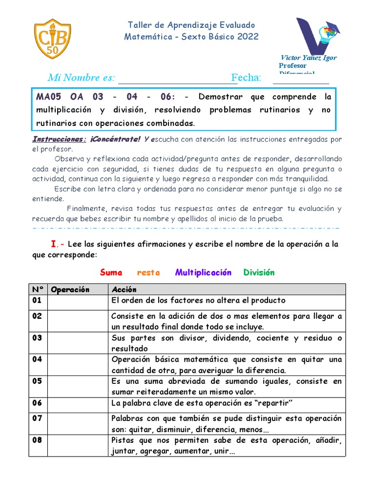Evaluación 7mo Básico | PDF | División (Matemáticas) | Aritmética