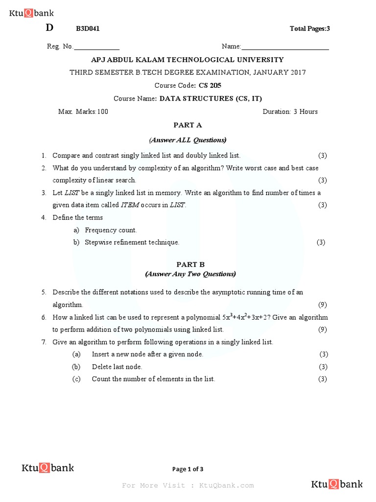 1 CS205 - DATA - STRUCTURES - QP MAIN JAN 2017 - Ktu Qbank | PDF ...