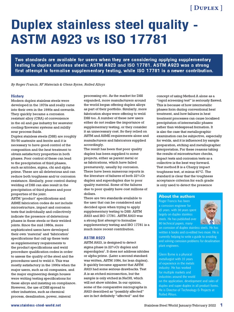 Duplex Stainless Steel Quality - ASTM A923 Vs ISO 17781: History | PDF ...