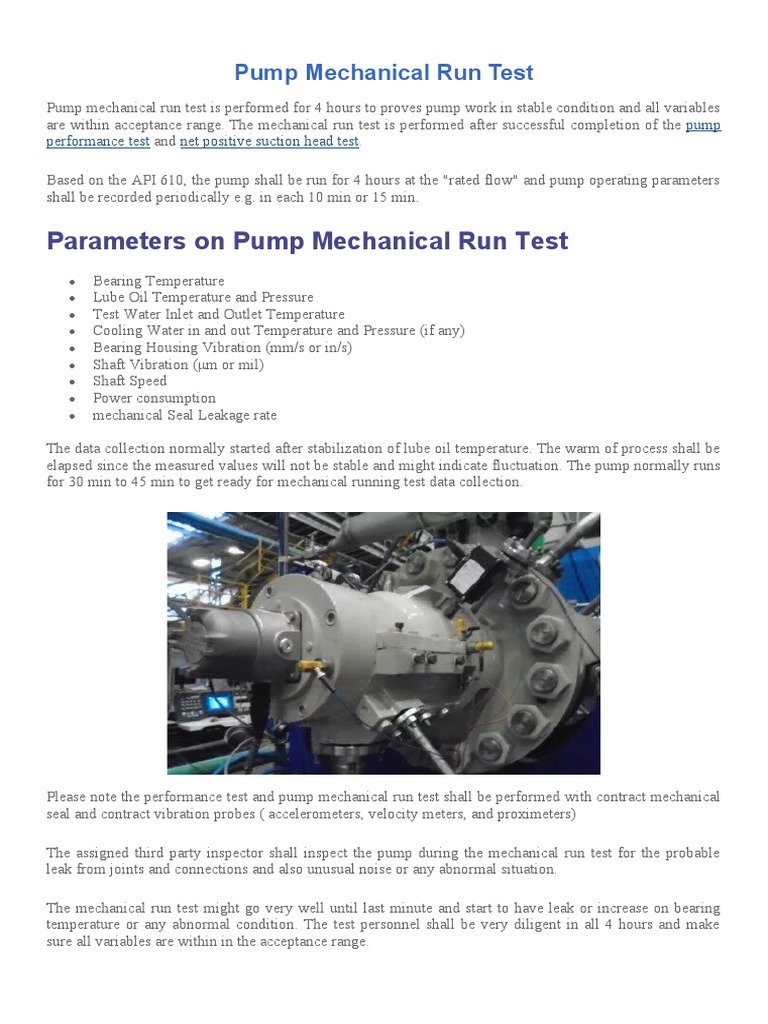 Pump Mechanical Run Test | PDF | Pump | Bearing (Mechanical)