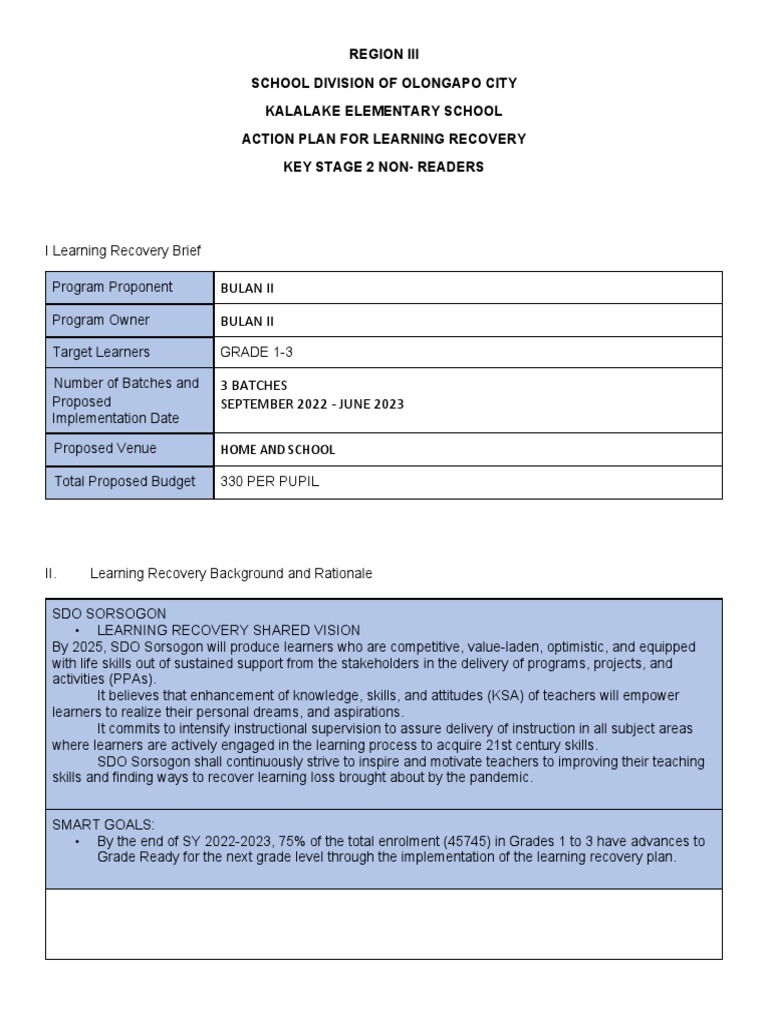 Learning Recovery Action Plan for Non-Readers | PDF | Learning | Teachers