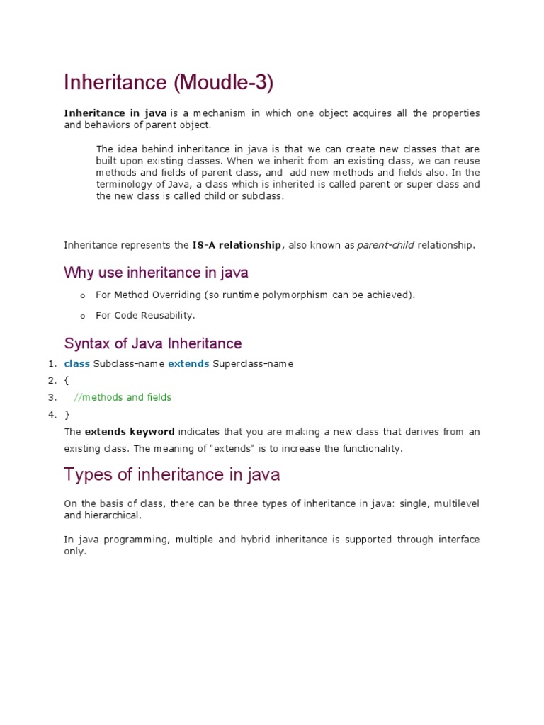 Inheritance Moudle 3 Types Of Inheritance In Java Pdf Inheritance Object Oriented