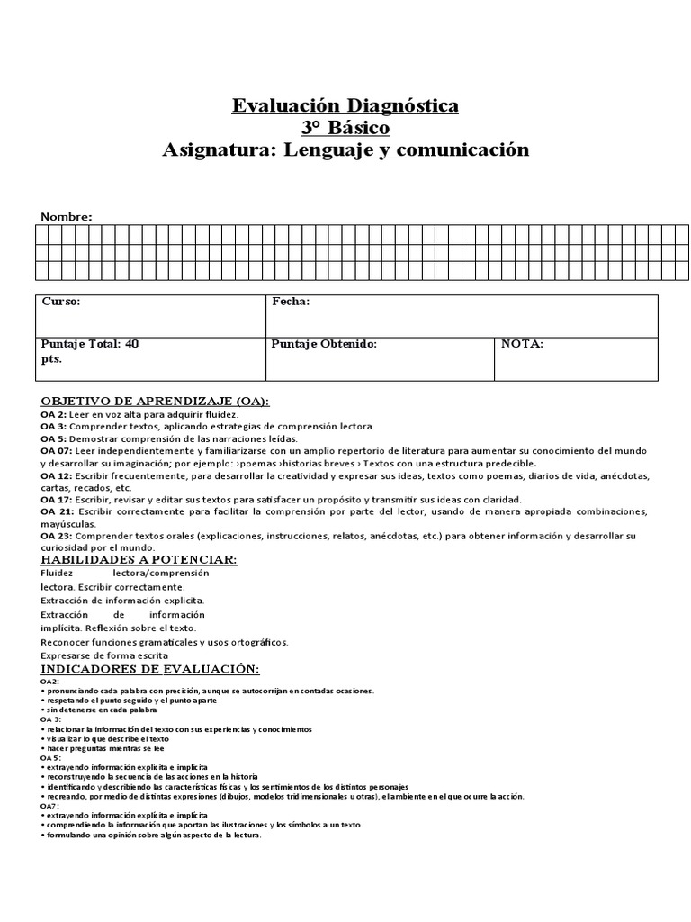 Evaluación Diagnóstica de Lenguaje 3° | PDF | Comprensión lectora ...