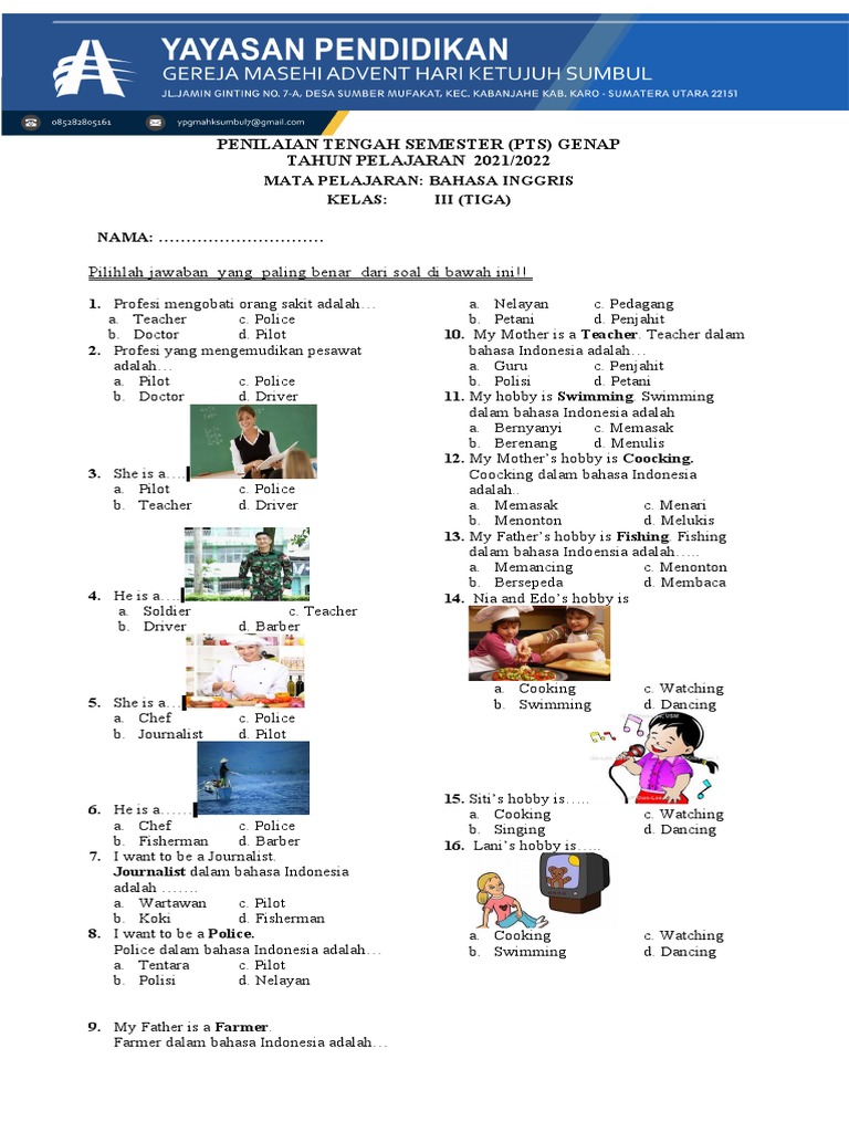 Soal MID Bahasa Inggris Kls 3 SD | PDF