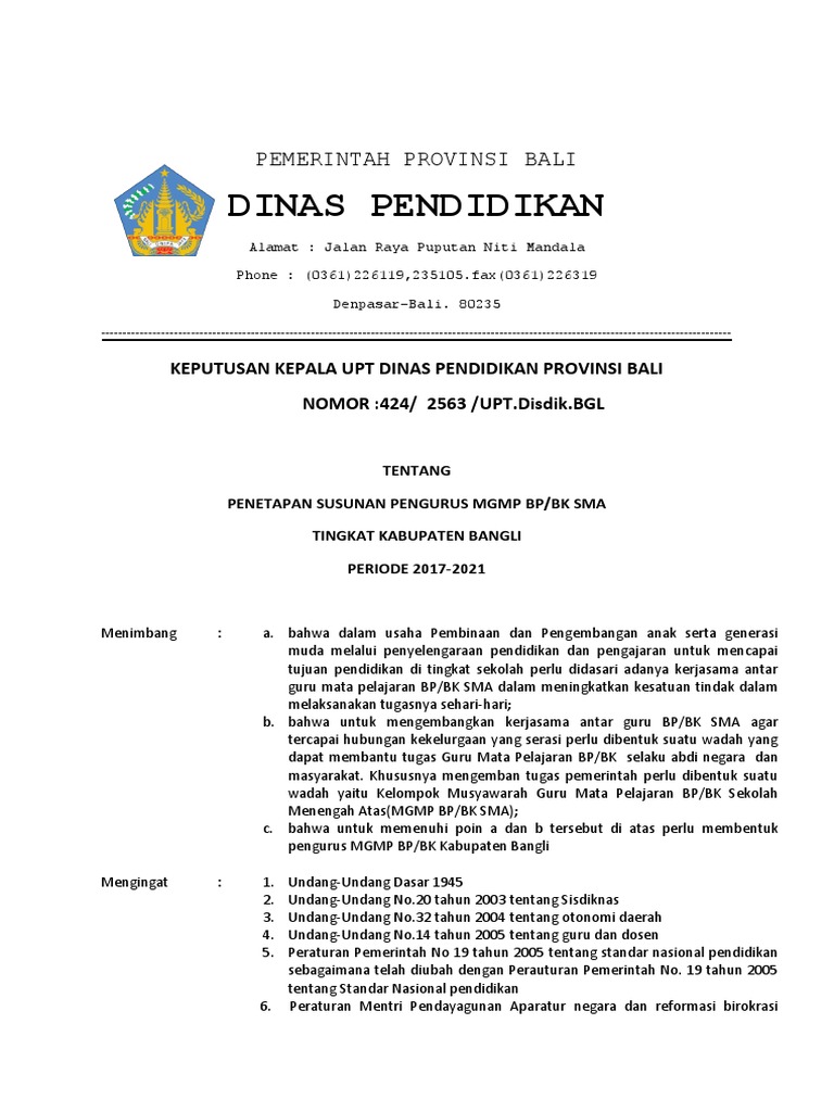 PENETAPAN SUSUNAN PENGURUS MGMP BP/BK SMA TINGKAT KABUPATEN BANGLI ...